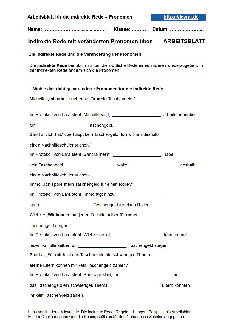 Indirekte Rede Arbeitsblätter