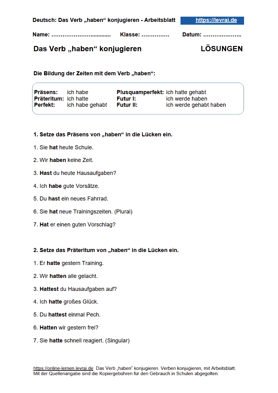 Arbeitsblätter für die Konjugation des Verbs 'haben'