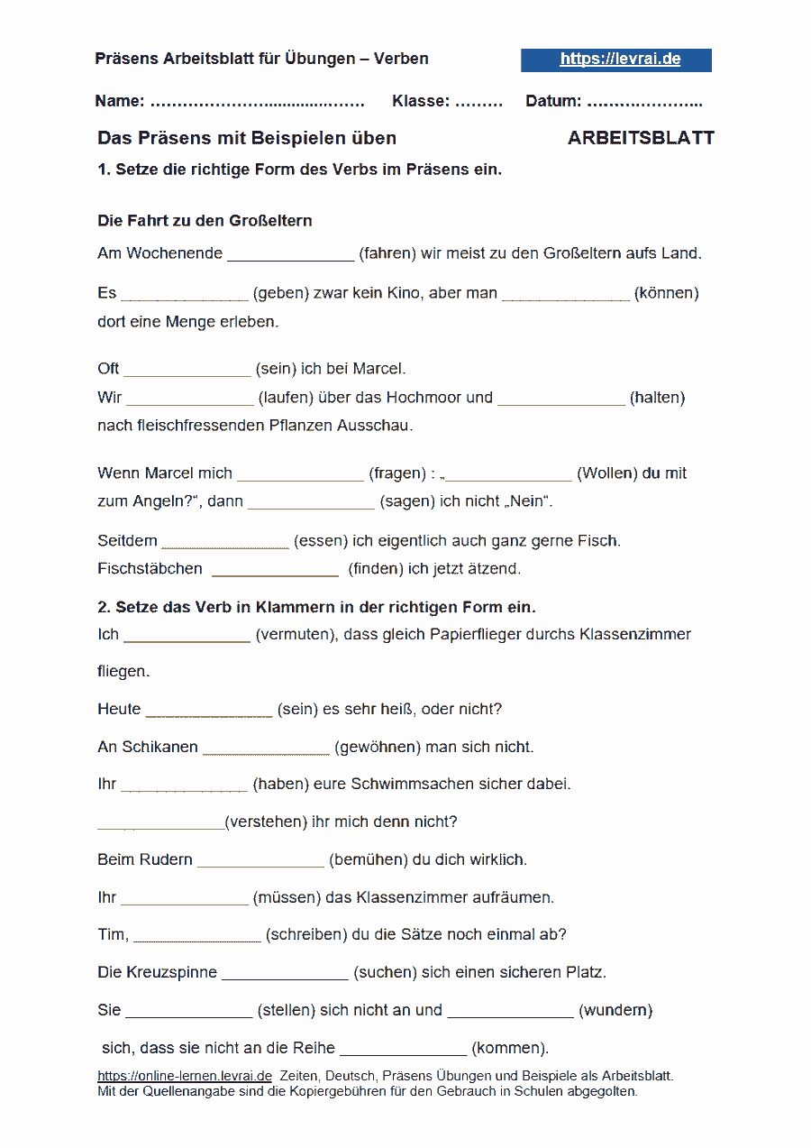Präsens Arbeitsblätter