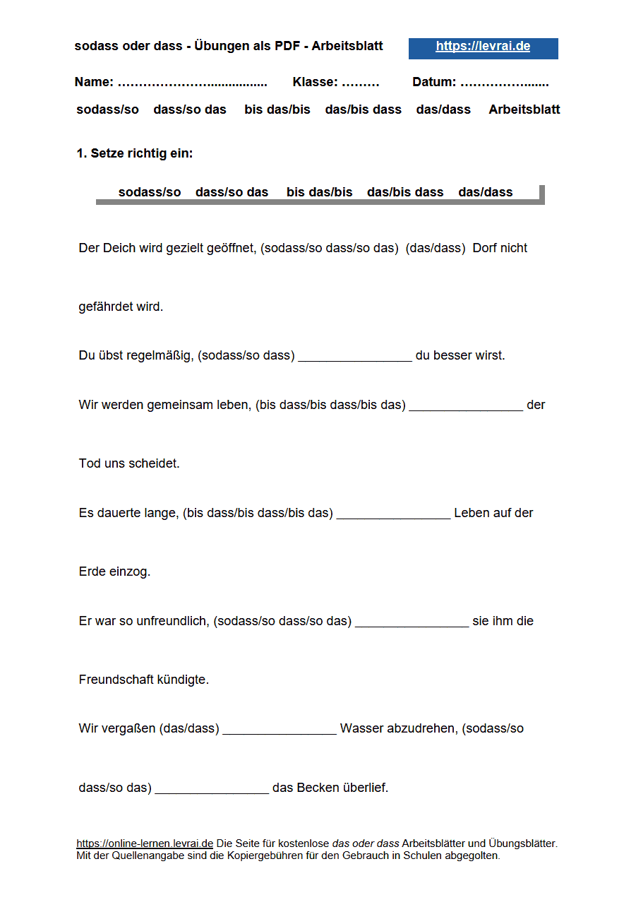 das oder dass - Arbeitsblätter
