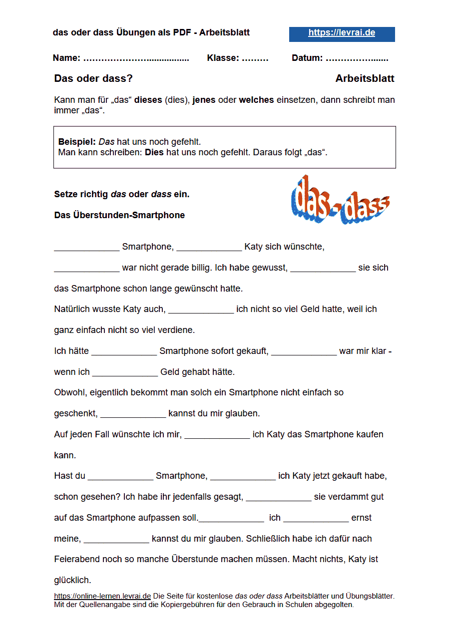 das oder dass - Arbeitsblätter