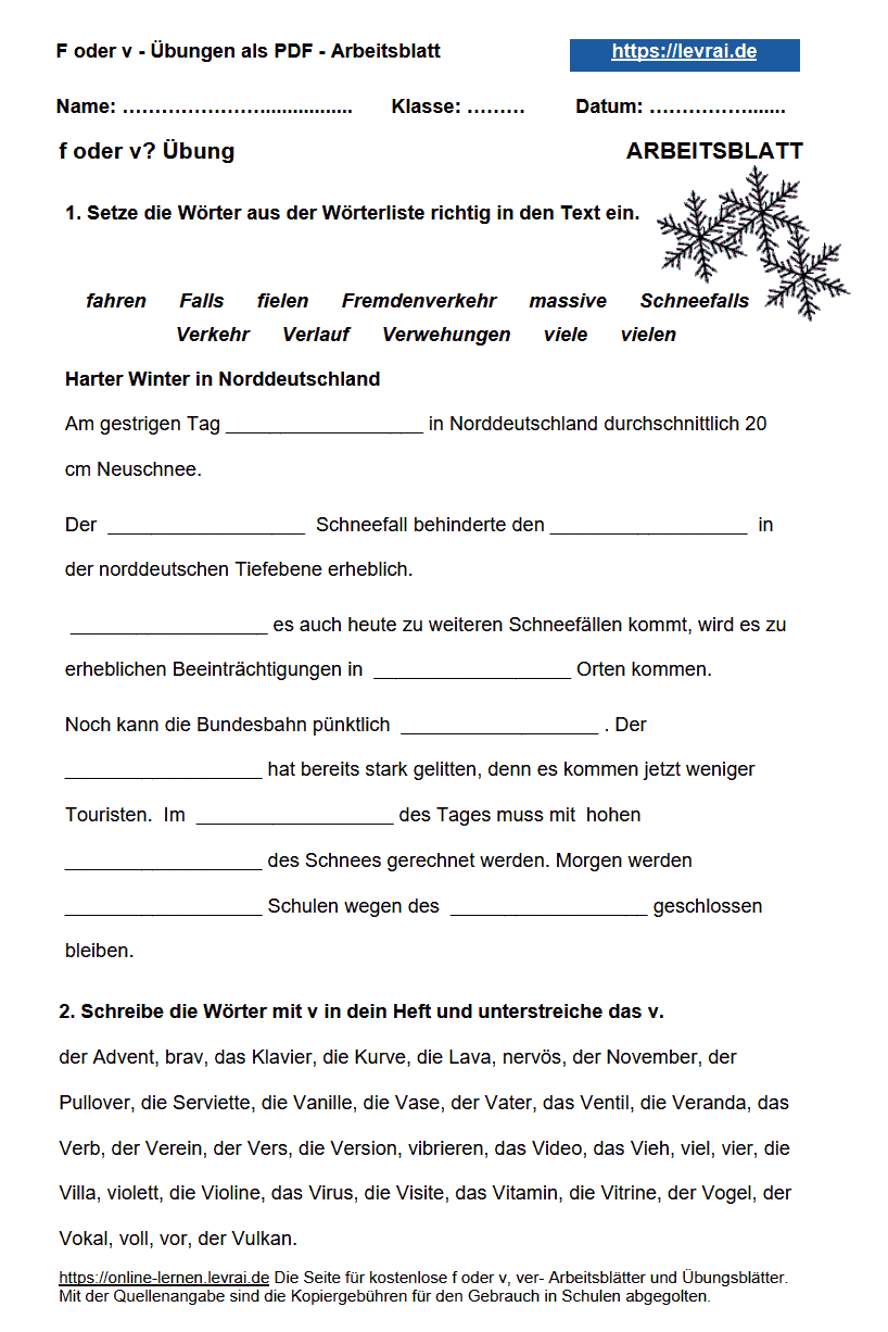 f oder v Arbeitsbsblätter und Übungsblätter