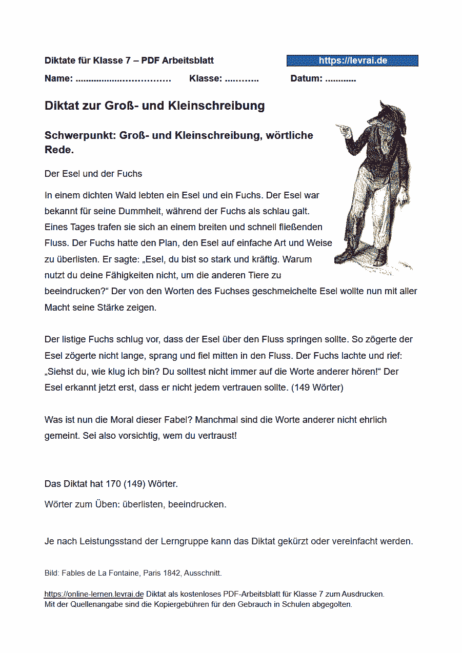 Diktat Arbeitsblatt Klasse 7