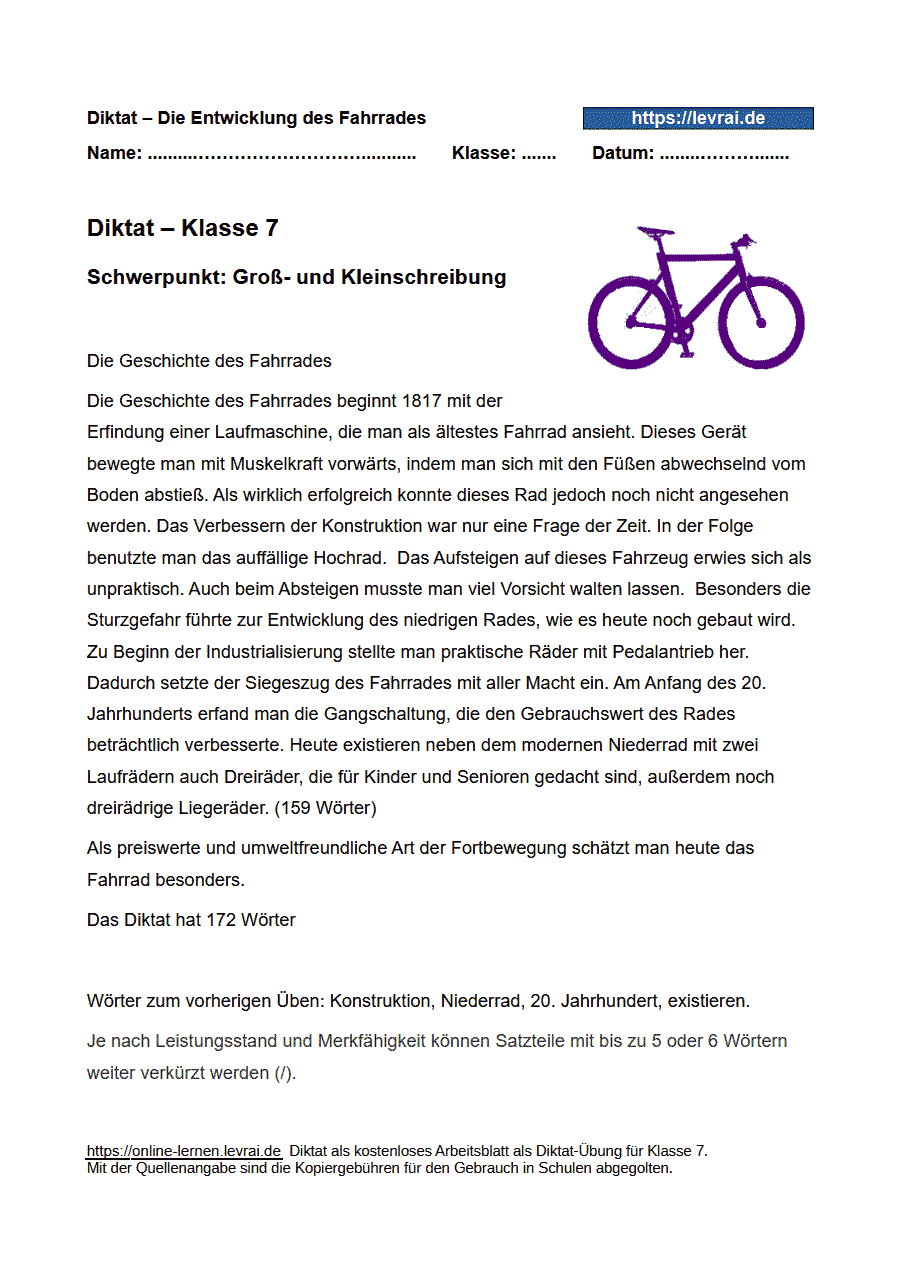 Diktat Arbeitsblatt Klasse 7