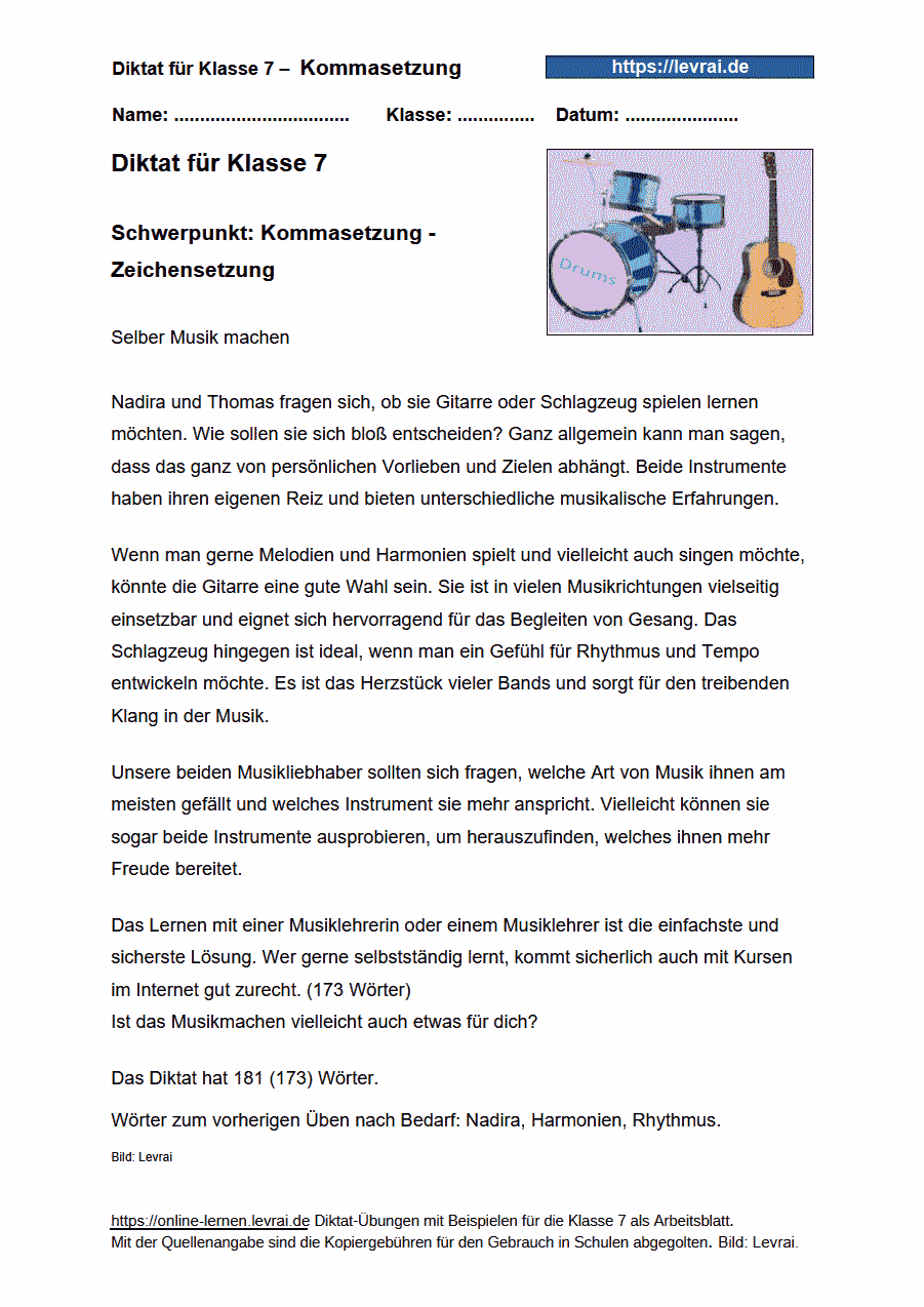 Diktat Arbeitsblatt Klasse 7