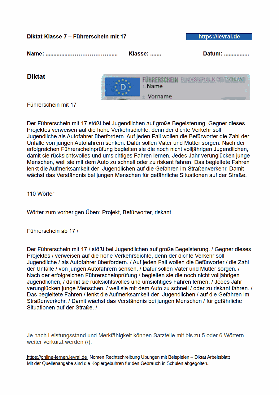 Diktat Arbeitsblatt Klasse 8