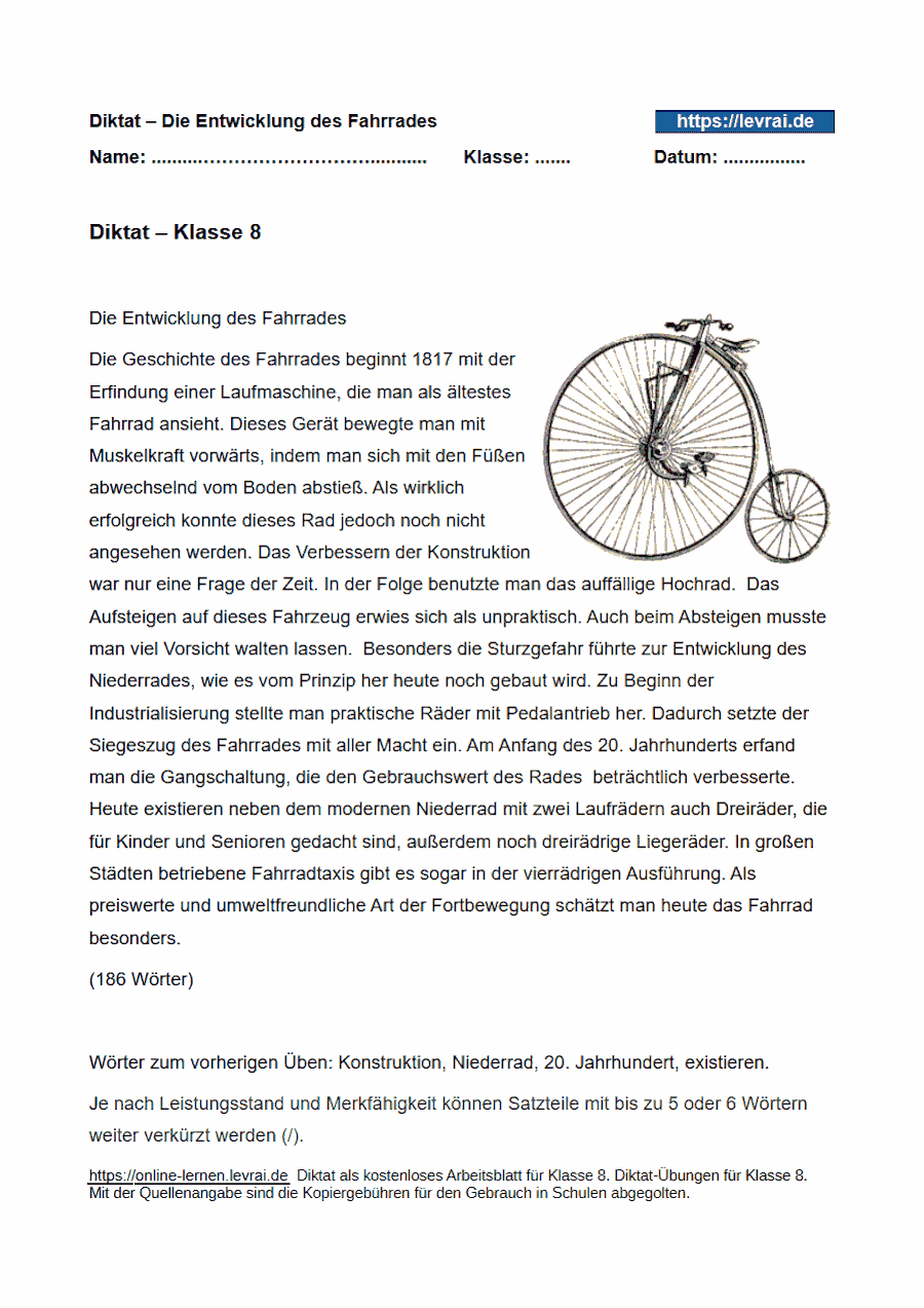 Diktat Arbeitsblatt Klasse 8