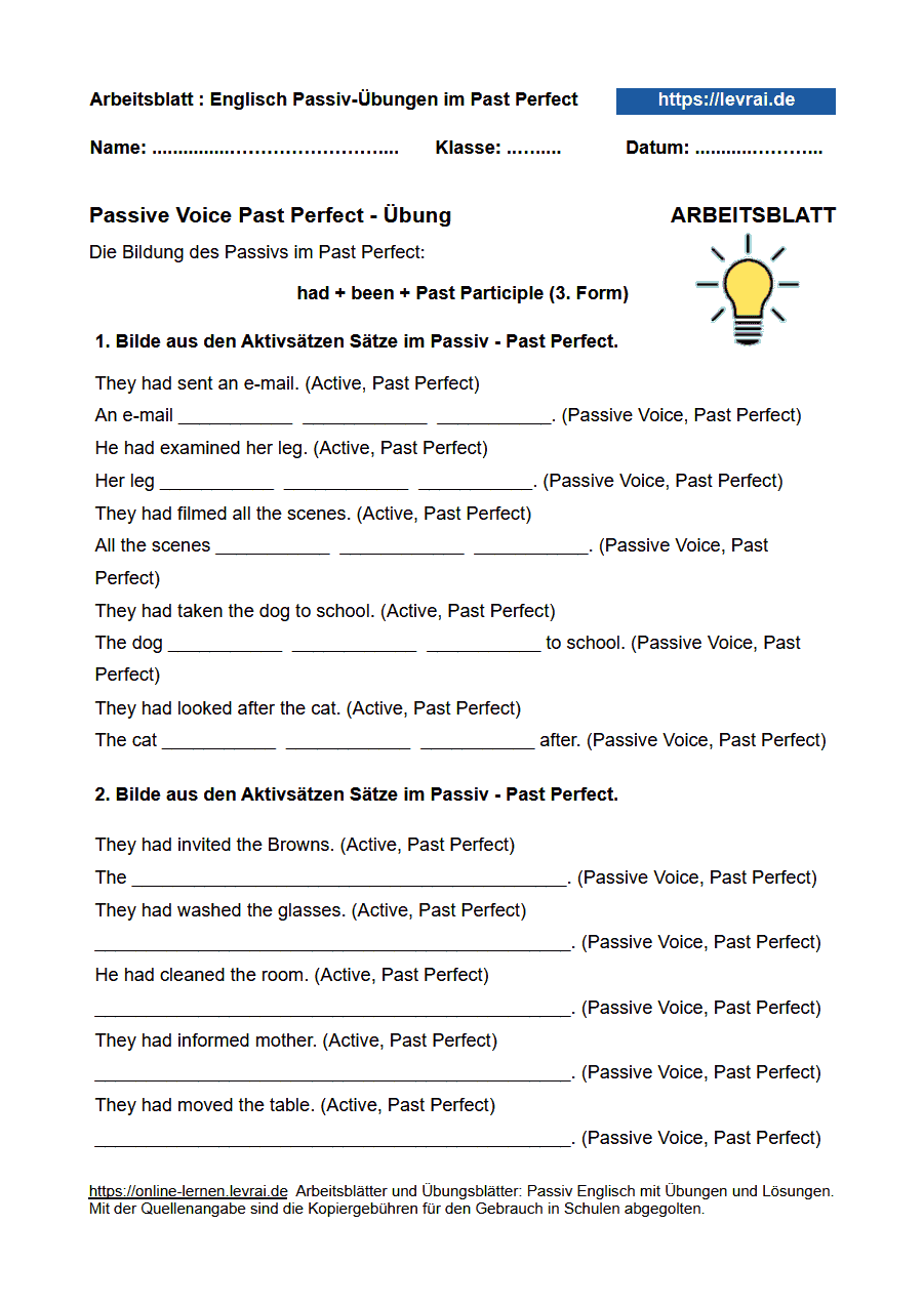 bungsbl tter F r Das Englische Passiv Passive Voice bungsbl tter F r Das Englische Passiv Passive Voice