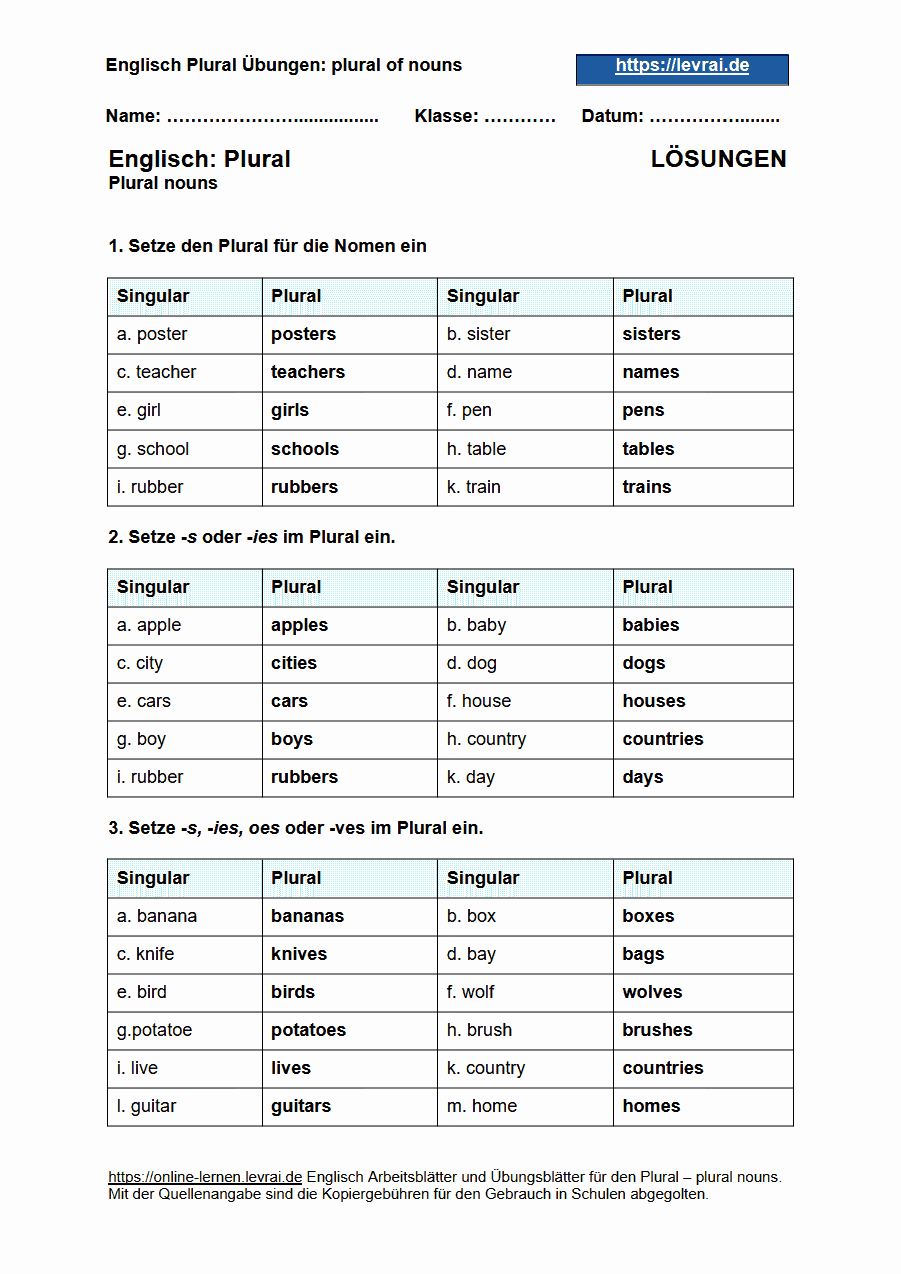 English Plural Übungen Arbeitsblätter