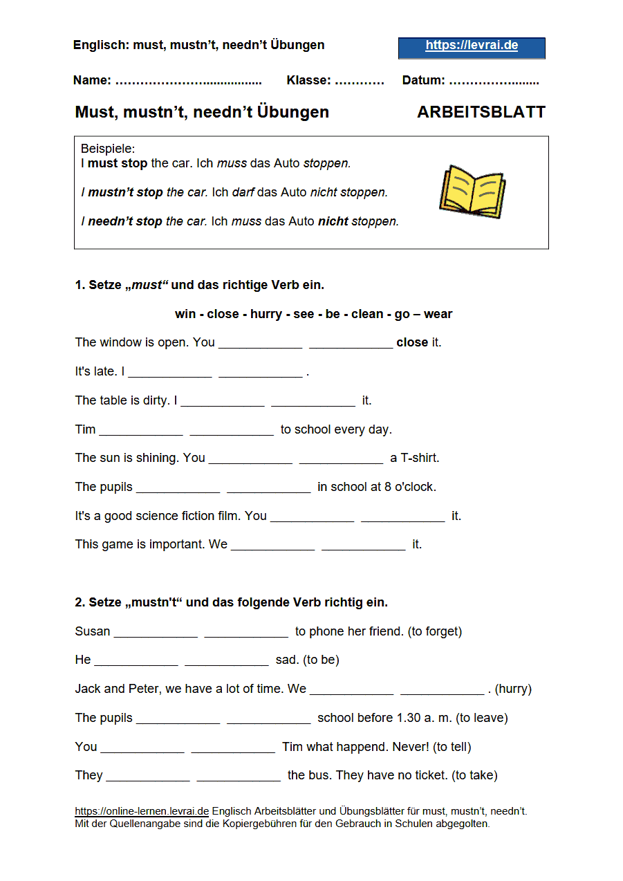 Must, mustn't, needn't Arbeitsblätter