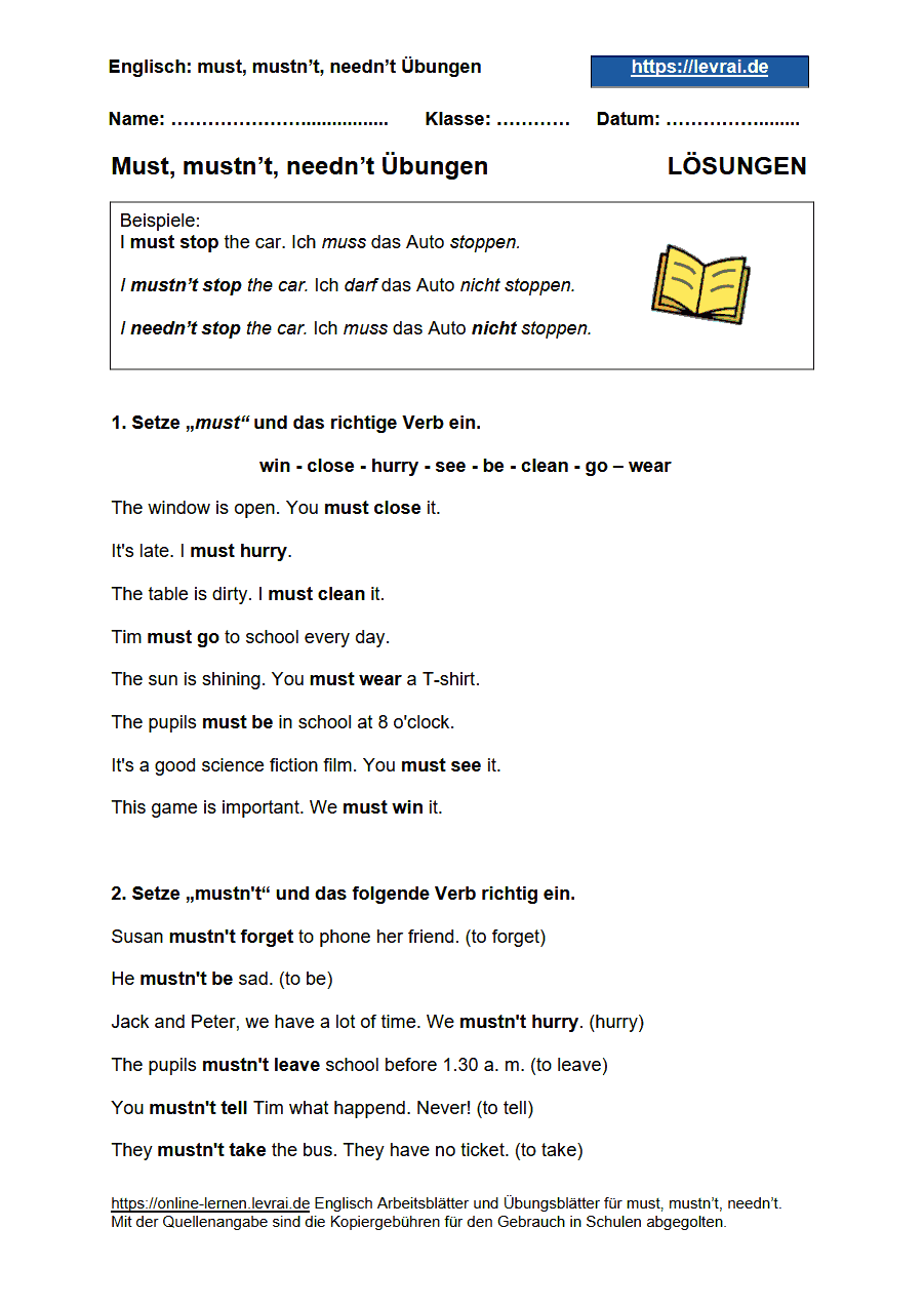 Must, mustn't, needn't Arbeitsblätter