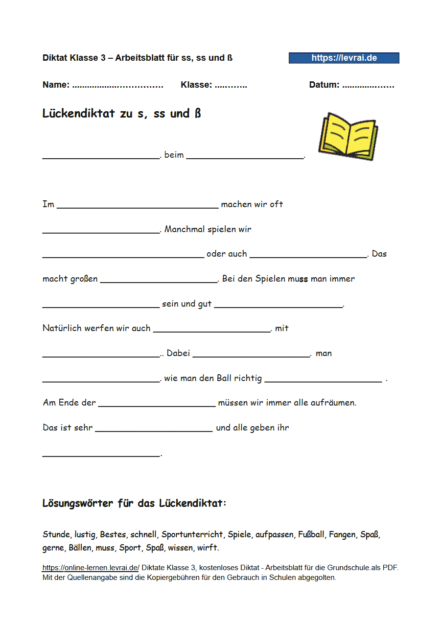 Diktat für Klasse 3 zu s, ss und ß