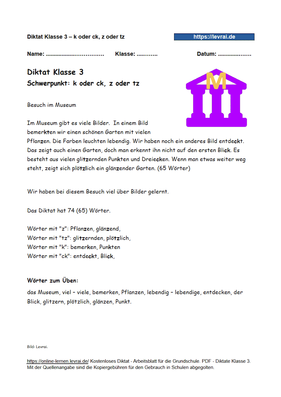 Diktat, Klasse 3 zu k oder ck, z oder tz