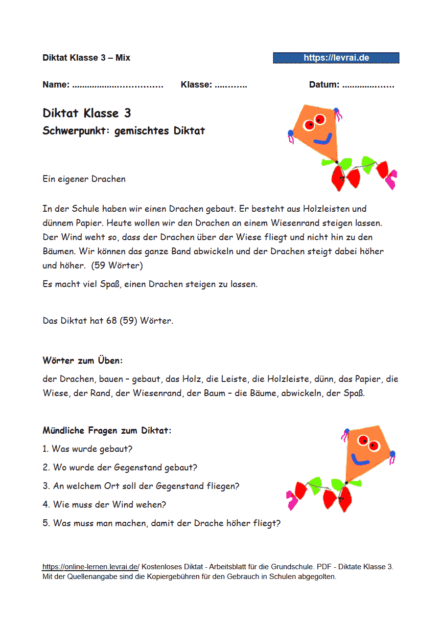 Diktat Klasse 3 - Grundschule