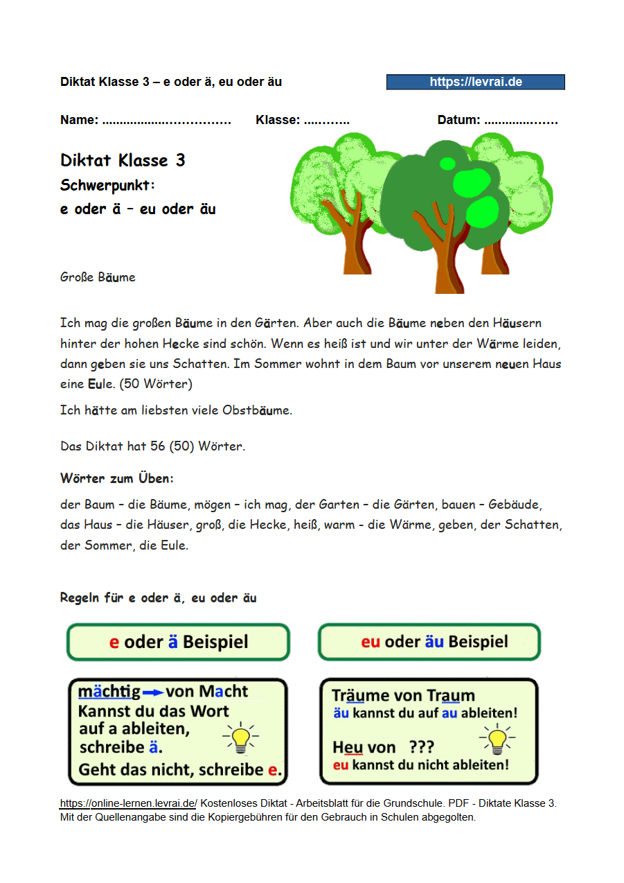 Diktat zu e/ä und eu/äu in Klasse 3