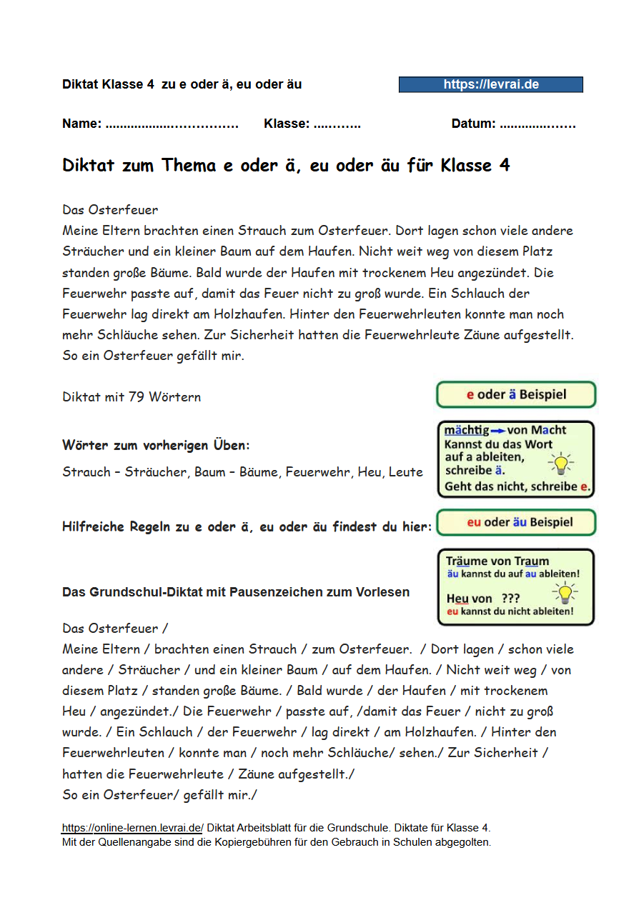 Diktate Klasse 4 - e oder ä, eu oder äu