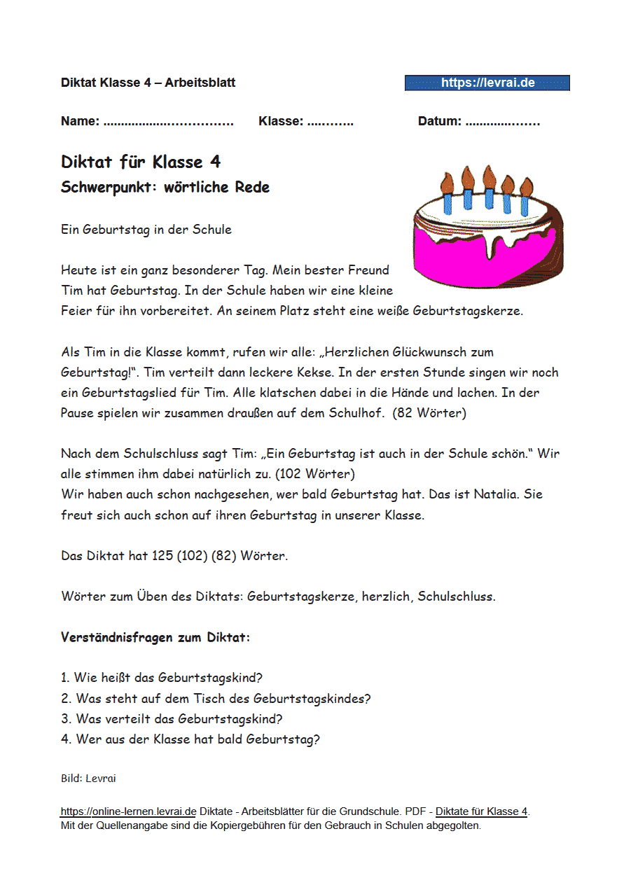 Diktate zur wörtlichen Rede in Klasse 4
